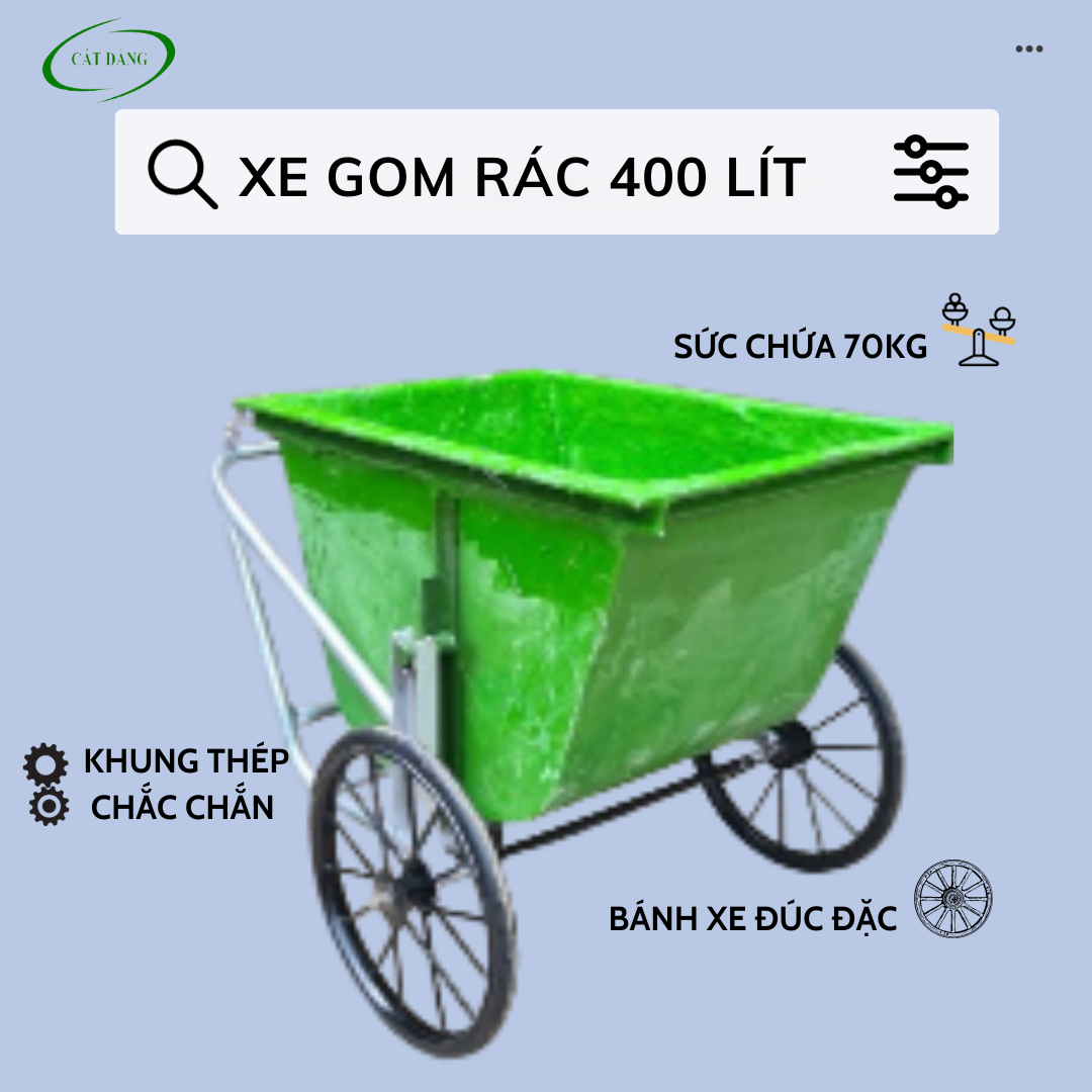 Xe gom rác composite 400l khung thép bánh xe đúc giá rẻ